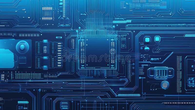 Blue Electronic Circuit Board with Chips and Components, Representing ...