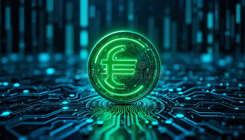 Blue Electronic Circuit Board Design with Binary Code Streams Across a ...