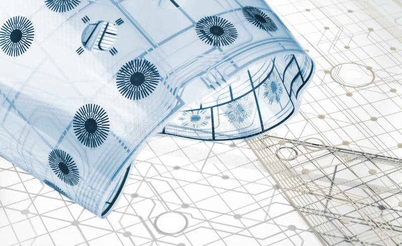 Electronic Flex Circuit Board Detail on Blue Plastic Membrane Curled To ...