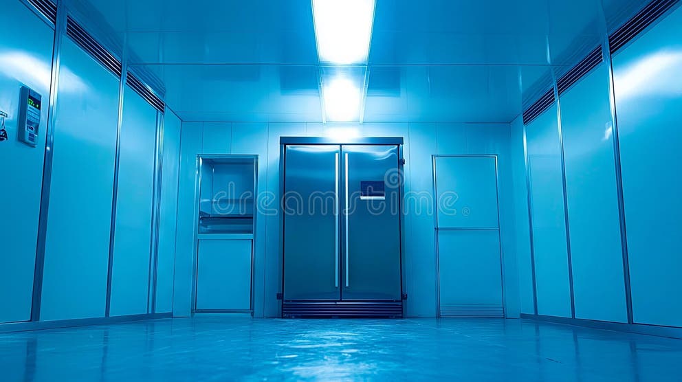 A Blue Elevator in a Large Room with Blue Walls Stock Photo - Image of ...