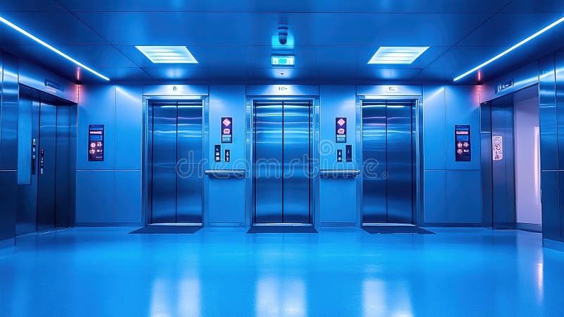 Blue Elevator Lobby, Modern Building, Three Elevators, Nighttime Stock Image - Image of city ...
