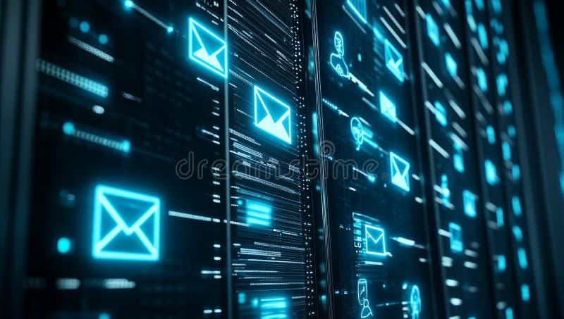 Blue Email Icons Glow on Server Racks Stock Illustration - Illustration ...