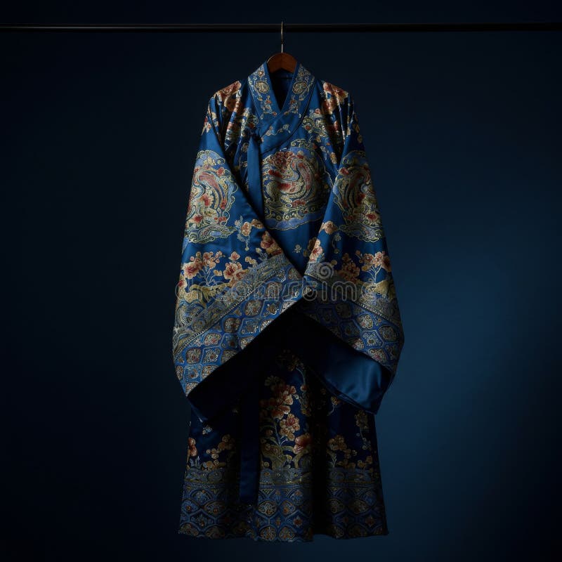 Blue Embroidered Robe Hanging Against Dark Background Stock ...