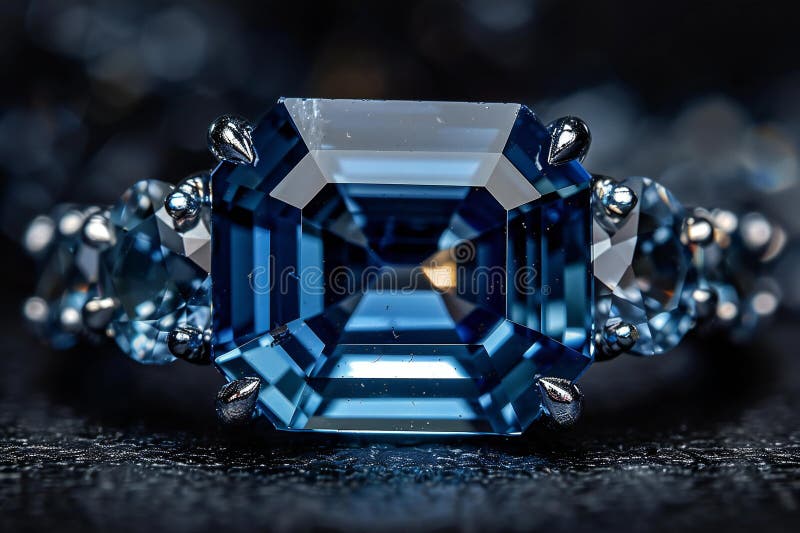 A Blue Emerald Cut Sapphire on a Black Background, in a Frontal View ...