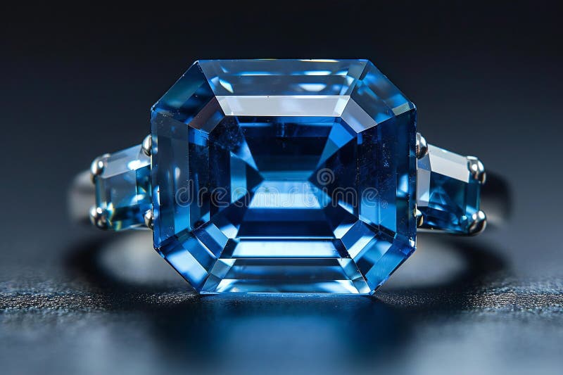 A Blue Emerald Cut Sapphire on a Black Background, in a Frontal View ...