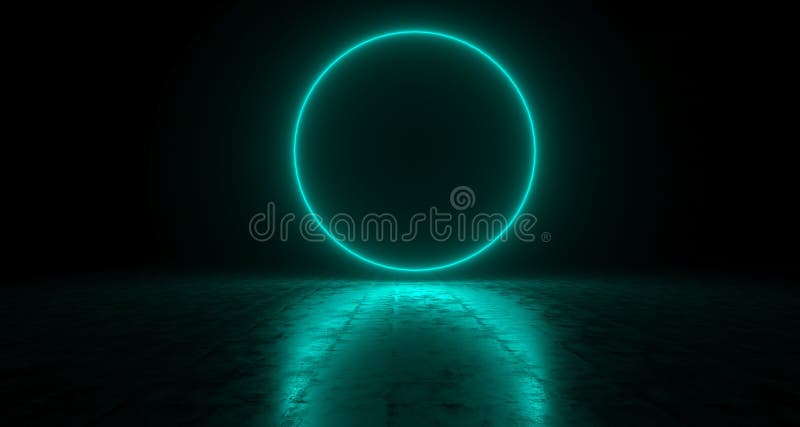 Blue Empty Circle Neon Light on Concrete Reflective Surface. 3D Stock ...