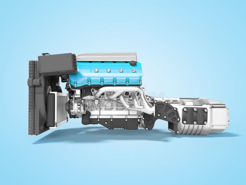 Blue Engine for Car Assembly with Gearbox Rear View 3D Render on Blue ...