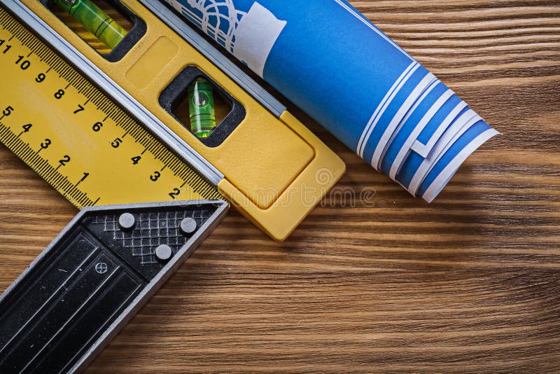 Blue Engineering Drawing Try Square Construction Level on Wooden Stock ...