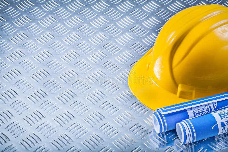 Blue Engineering Drawings Building Helmet on Channeled Metal Pla Stock ...