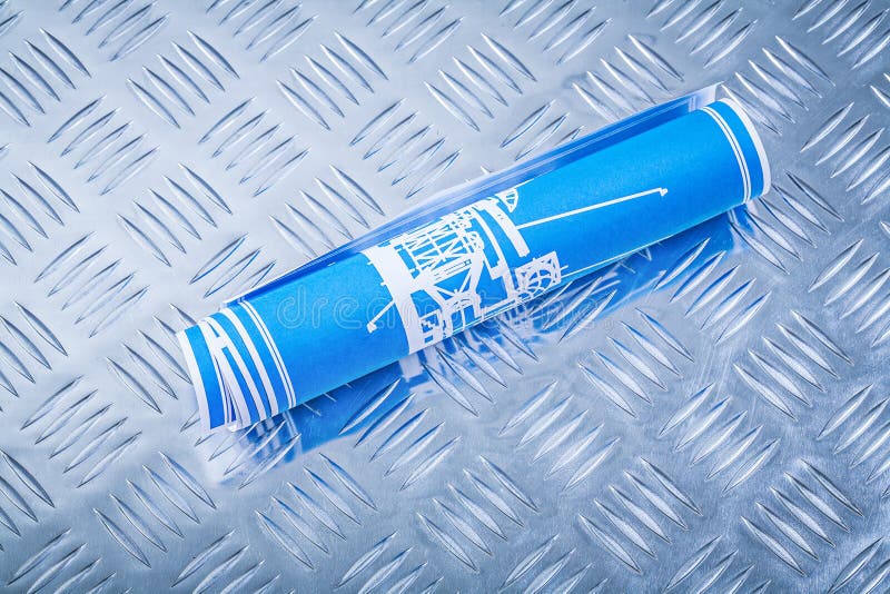 Blue Engineering Drawings on Channeled Metal Plate Construction Stock ...