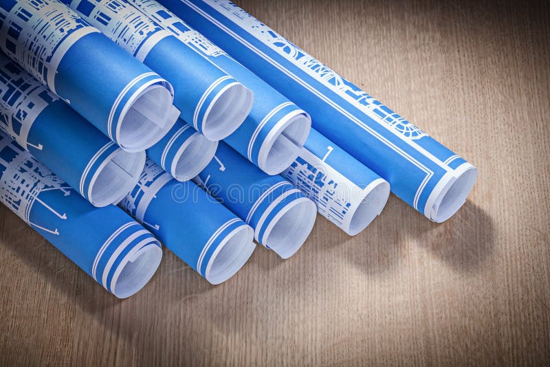Blue Engineering Drawings on Wooden Board Construction Concept Stock ...