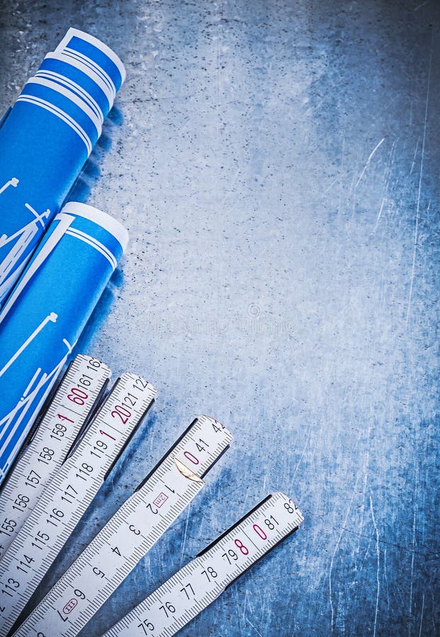 Set of Blue Engineering Drawings on Metallic Background Construc Stock ...