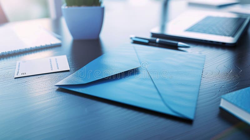A Blue Envelope on a Desk Next To a Tablet and a Plant. AIG51A Stock ...