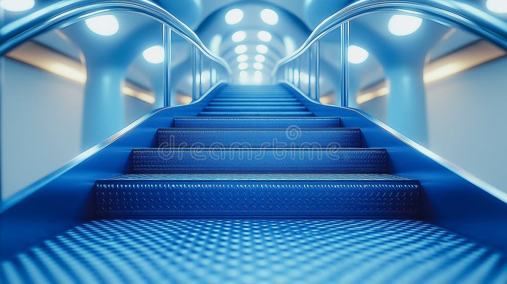 A Blue Escalator with a Staircase in the Middle of it. the Escalator is ...