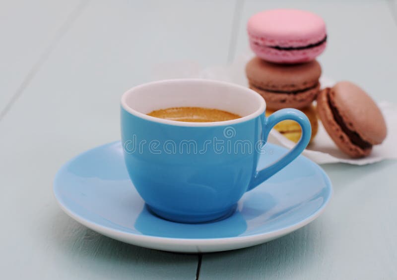 Blue Espresso Cup and Stack of Macarons Biscuit Stock Photo - Image of ...