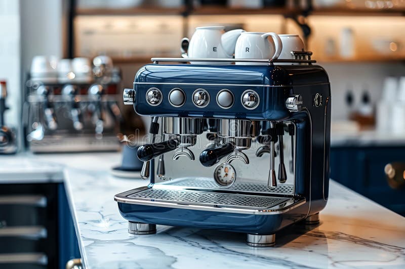 A Blue Espresso Machine with a White Cup on Top of it Stock Image ...