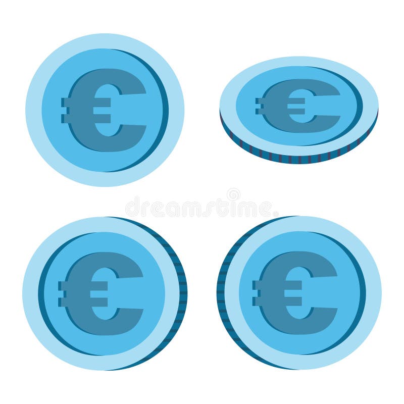 Blue Euro Coins in Various Sizes and Angles on a White Background Stock ...