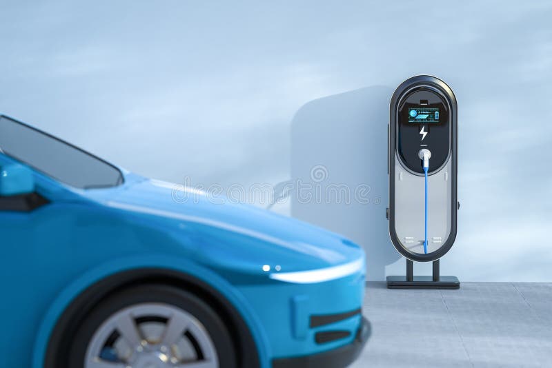 Blue Ev Car or Electric Vehicle Plug in with Recharging Station Stock ...