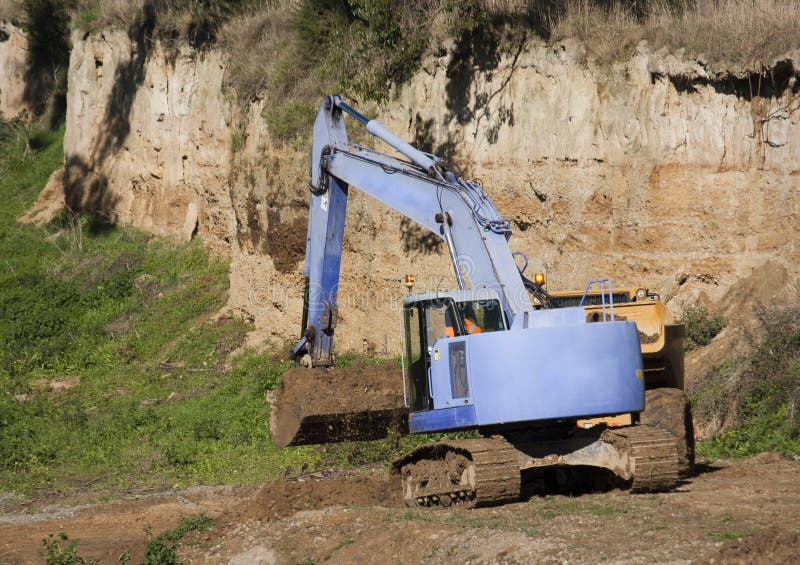 Blue Excavator Digger Working at Night on Street Stock Image - Image of ...