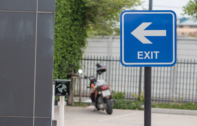 Blue Exit Sign, Metal Exit Sign, Parking Exit in Condo. Symbol. Copy ...