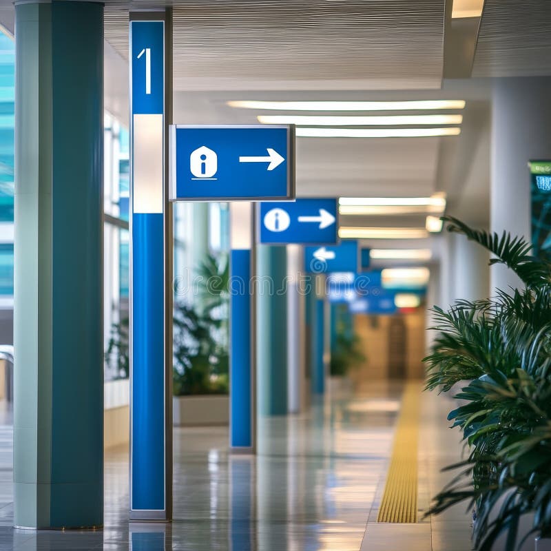 Blue Exit Sign in Modern Airport Terminal. 3d Rendering Illustration ...
