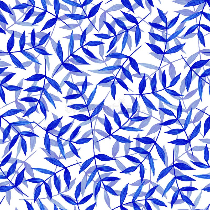 Blue Exotic Leaves, Branches on a White Background. Seamless Botanical ...