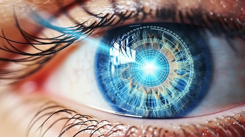Blue Eye Overlaid with Digital Technology Symbols and Laser Light Ray ...