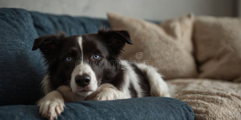 Blue-Eyed Border Collie Resting on a Couch. Stock Image - Image of ...