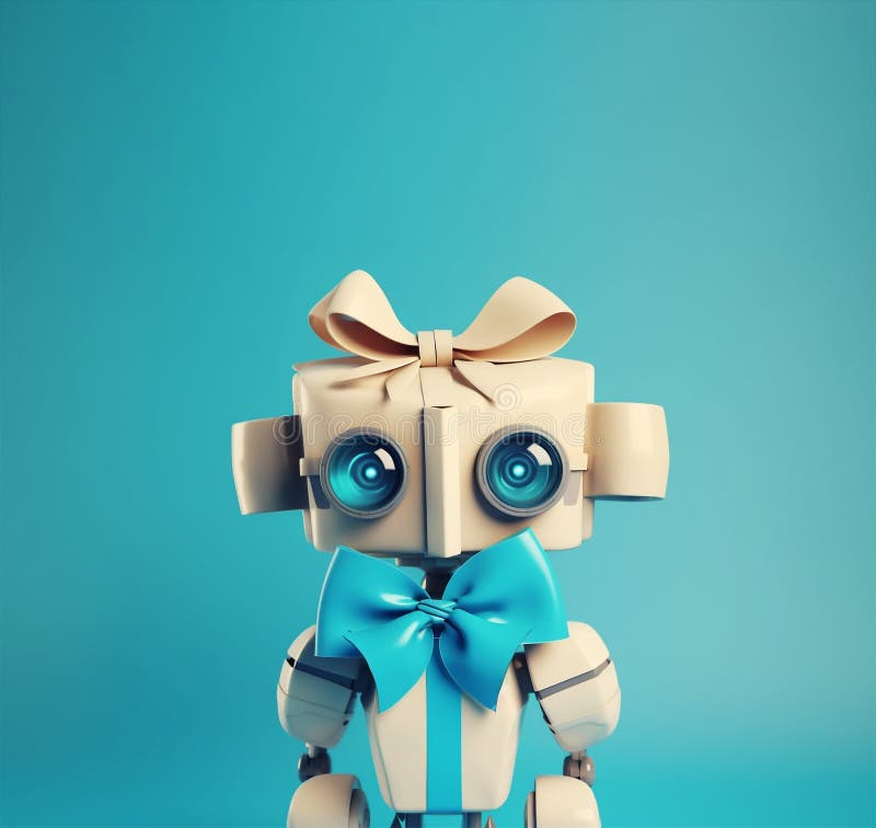 Blue Eyed Robot with Bow on Blue Background. Generative AI Stock ...