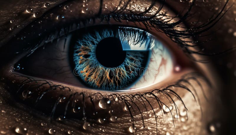 Blue Eyed Woman Staring at Camera with Wet Iris Reflection Generated by ...