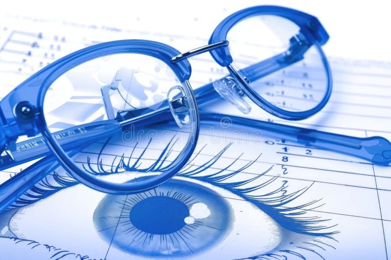 Blue Eyeglasses on Eye Test Chart: Closeup of Spectacles with Focus on ...