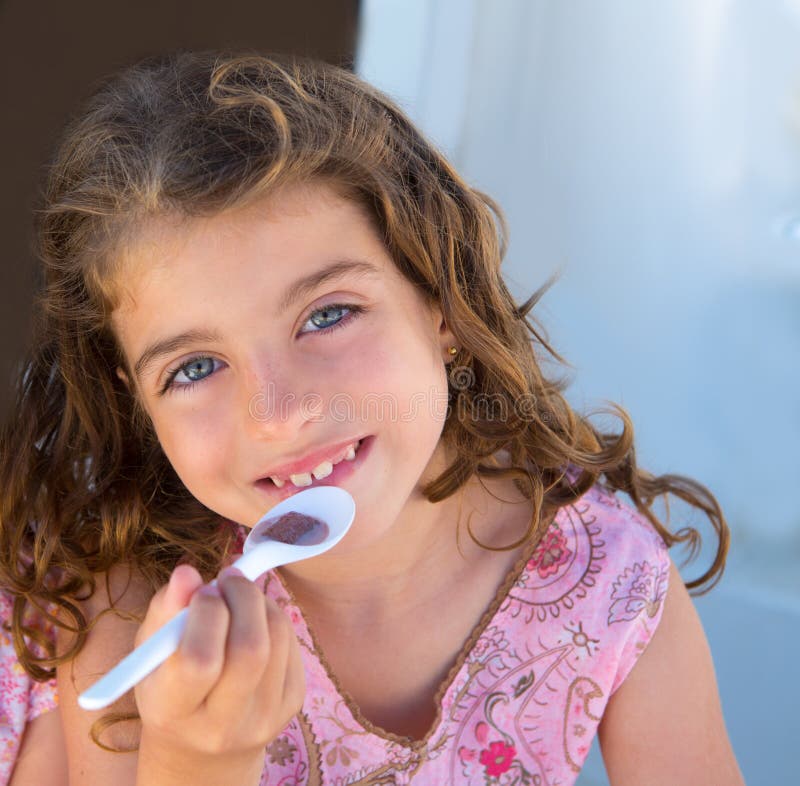 Blue Eyes Kid Girl Eating Breakfast with Spoon Stock Photo - Image of ...
