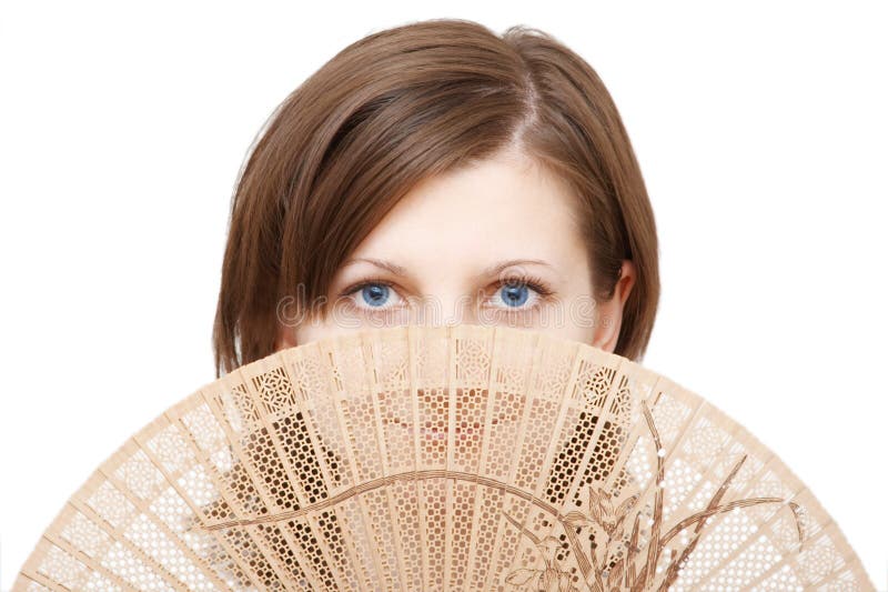 Blue eyes woman with fan stock image. Image of girl, blue - 5267571