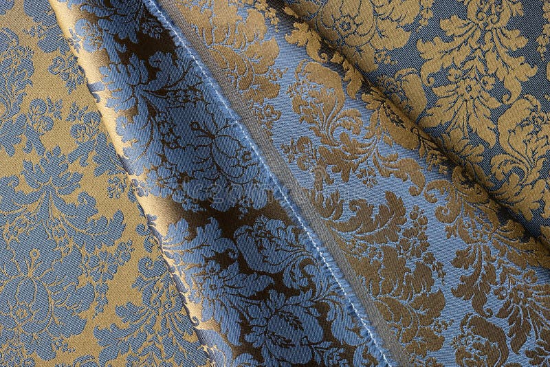 Blue Fabric with Golden Floral Print Seamless Pattern Background Stock ...