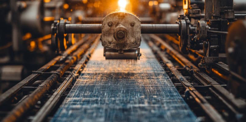 Blue Fabric is Woven by Machinery during the Production Process at a ...