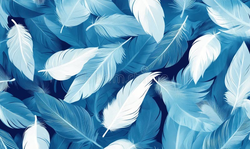Blue Feather Pattern Background with Delicate White Feathers on Deep ...