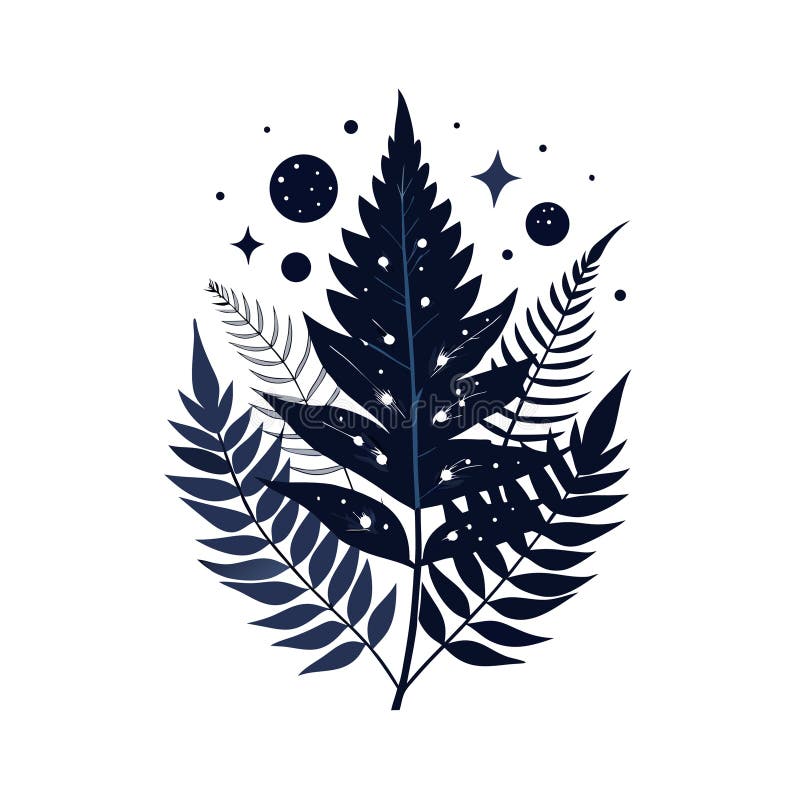 Blue Fern Leaves Illustration with Celestial Elements on White ...