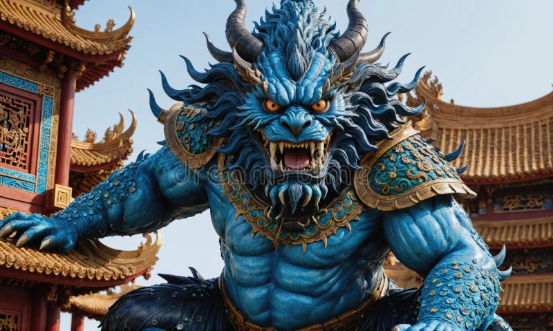A Blue, Ferocious-looking Statue Stands Tall Outside a Chinese Temple ...