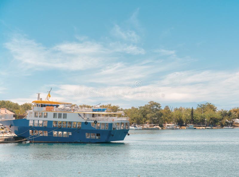 Blue Ferry Boat in the Mediterranean Docked at Marina Editorial Stock ...