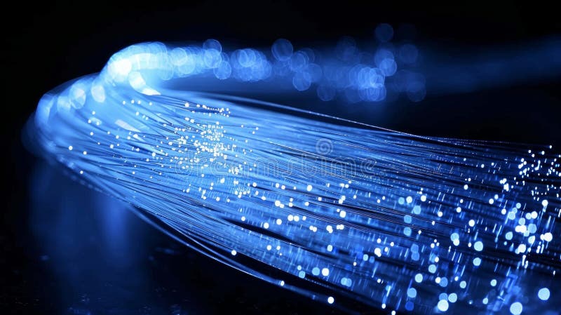 Blue Fiber Optic Cables Glowing in Dark High-Tech Background Stock ...
