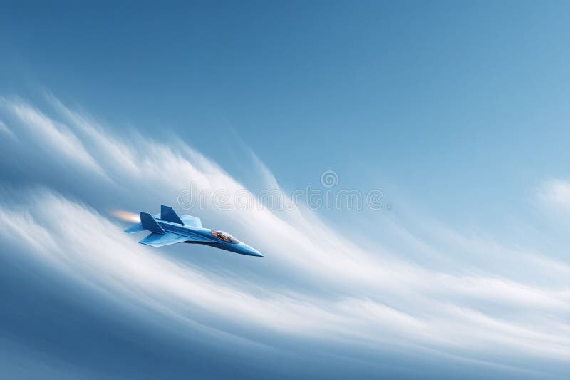 A Blue Fighter Jet Soars through Dynamic Clouds Against a Clear Blue ...