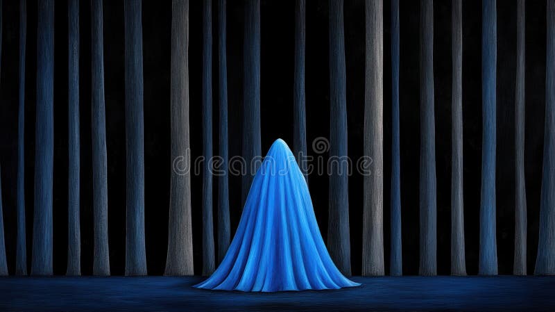 A Blue Figure in a Dark Forest Evoking Mystery and Introspection Stock Illustration ...