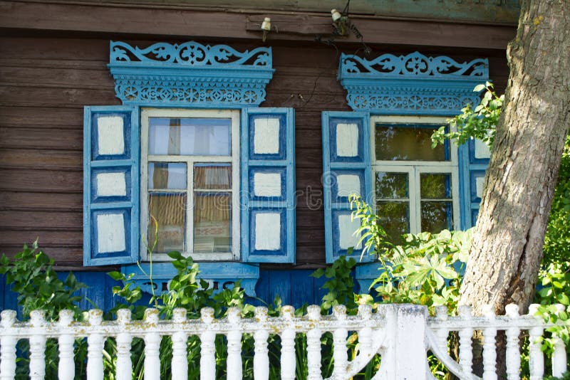 Blue Figured Wooden Frame Windows. Window Frame of Different Shapes in ...