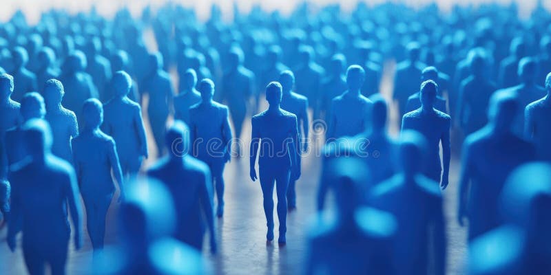 Blue Figures Walk Forward in a Crowd, Representing Conformity and ...