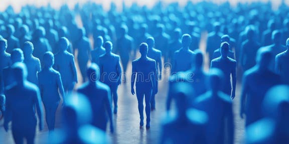 Blue Figures Walk Forward in a Crowd, Representing Conformity and ...