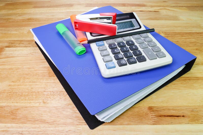 Blue File Folder Calculator Pencil with Color Highlight and Stack Paper ...