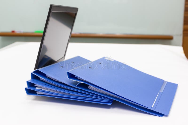 Blue File Folder with Documents and Notebook Stock Photo - Image of ...