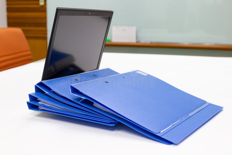 Blue File Folder with Documents and Notebook Stock Image - Image of ...