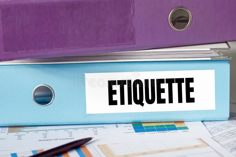 Blue File Folder Labeled Etiquette on Desk with Financial Documents and ...