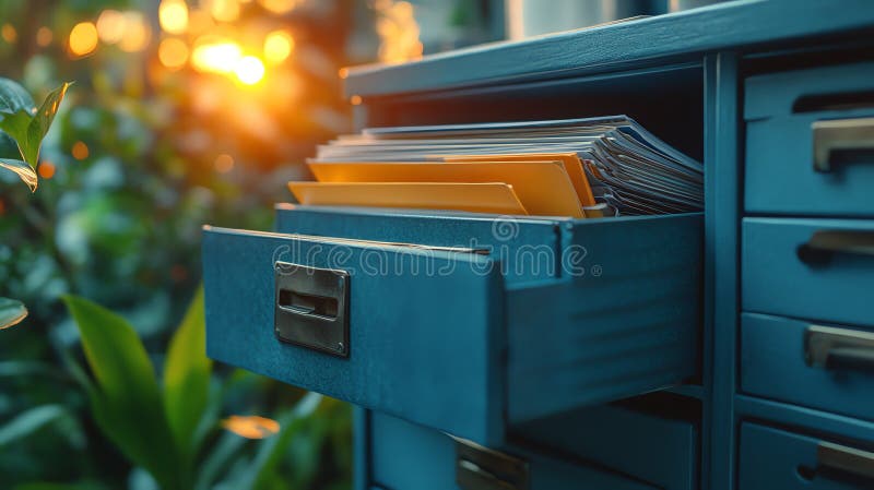 A Blue Filing Cabinet Drawer Filled with Organized Documents in a ...